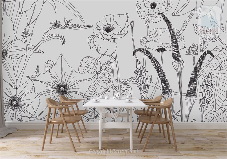 Posterbehang Bloementuin met grote grafische getekende bloemen