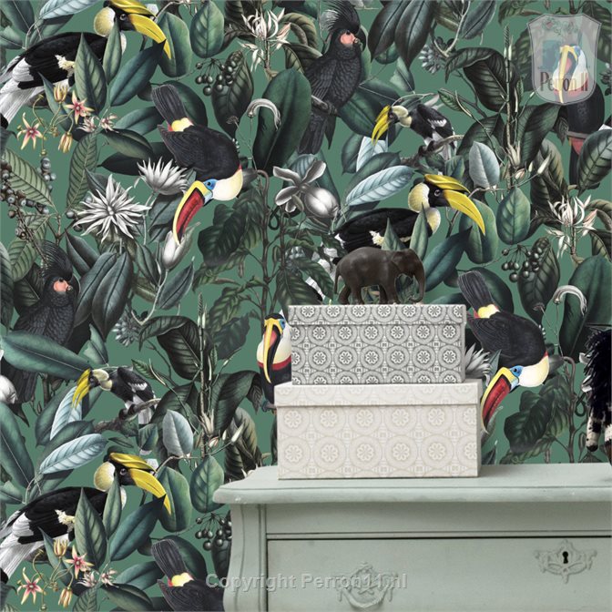 Tropisch behang met jungle bladeren en tropische vogels