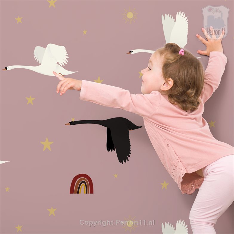 Behang kinderkamer vliegende zwanen