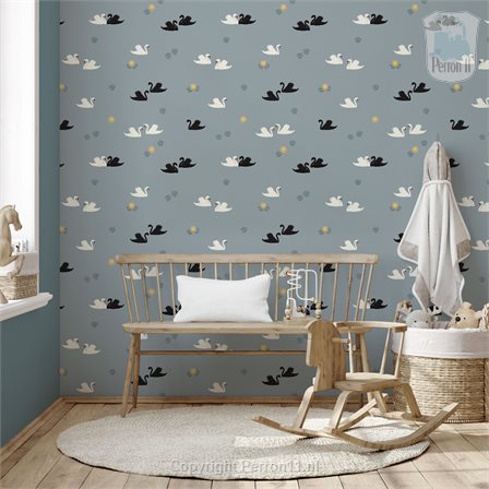 Behang met zwemmende zwanen voor baby of kinderkamer