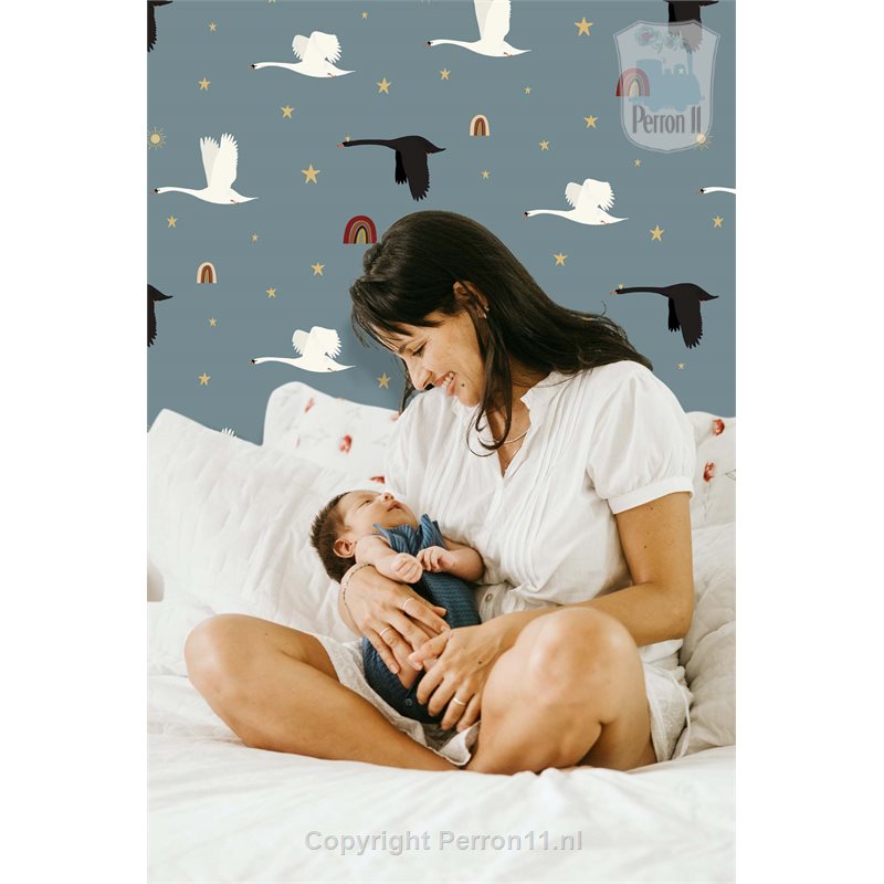 Behang kinderkamer vliegende zwanen