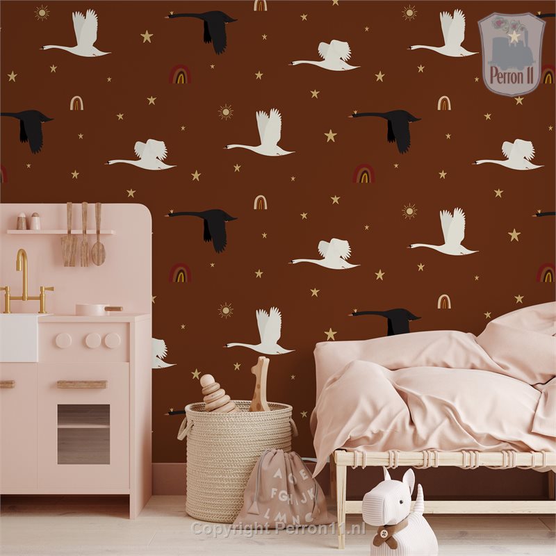 Behang kinderkamer vliegende zwanen
