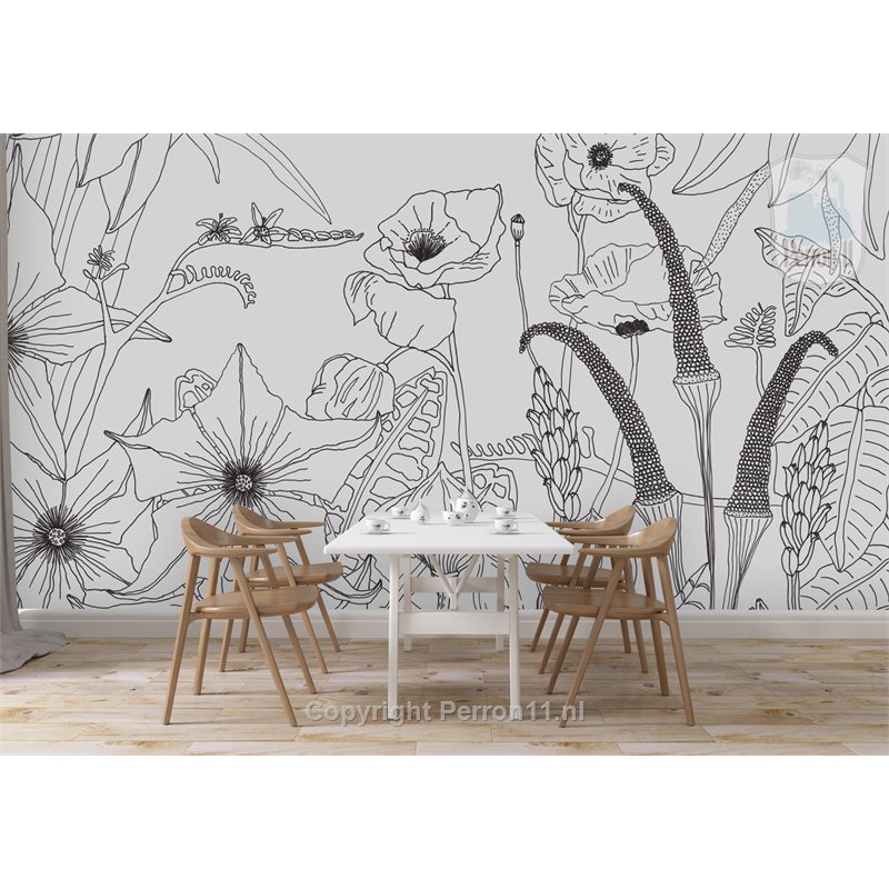 Posterbehang Bloementuin met grote grafische getekende bloemen
