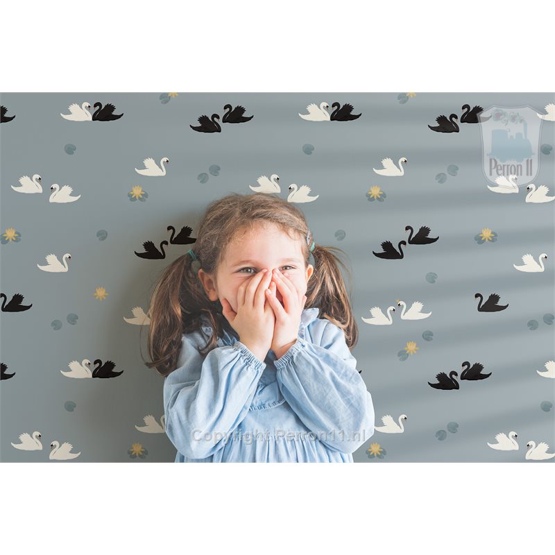 Behang met zwemmende zwanen voor baby of kinderkamer