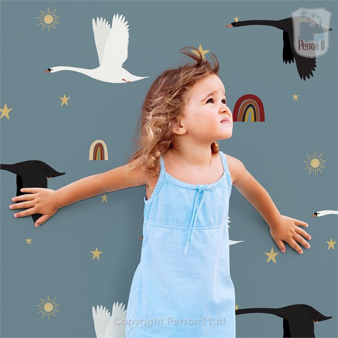 Behang kinderkamer vliegende zwanen