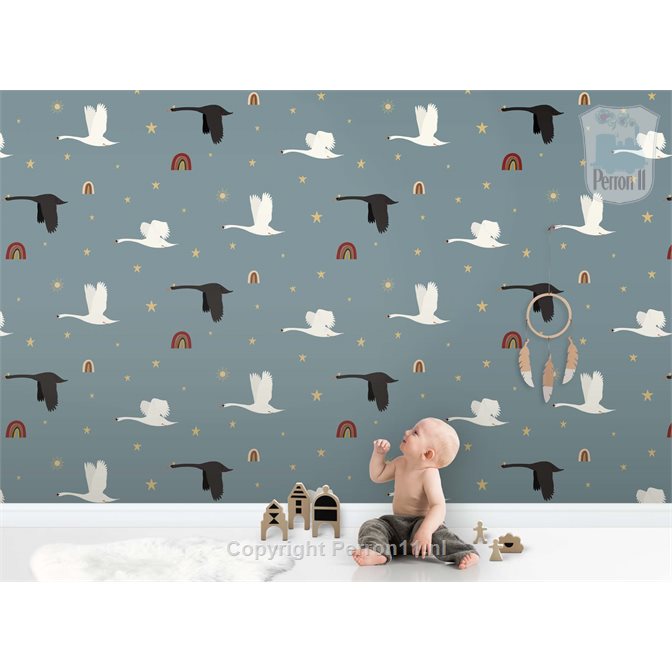 Behang kinderkamer vliegende zwanen
