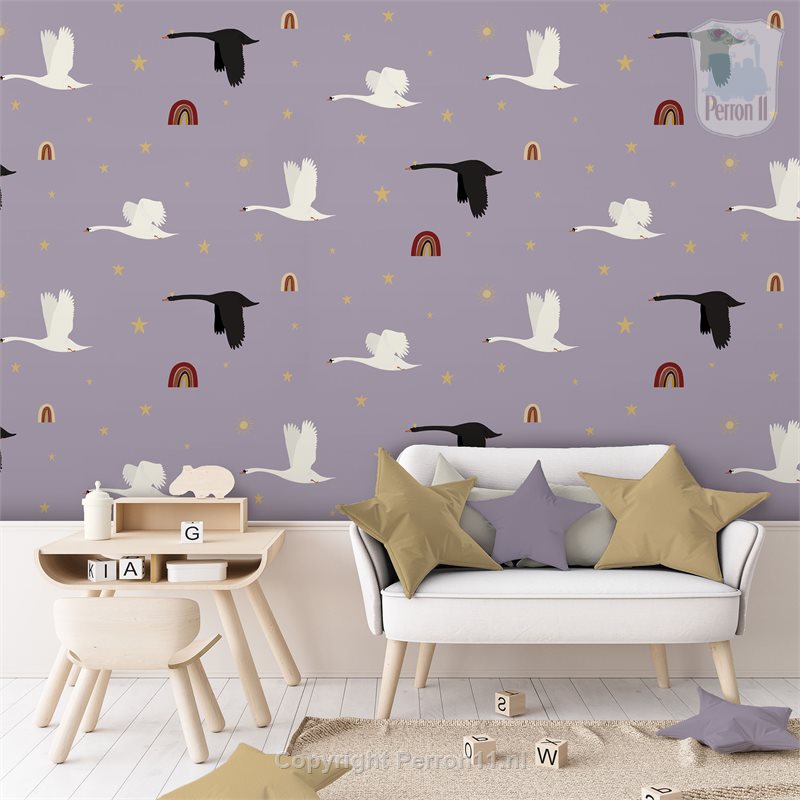 Behang kinderkamer vliegende zwanen